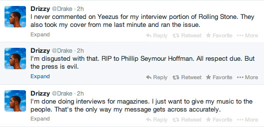 Drake Disgusted Rolling Stone Philip Seymour Hoffman Cover