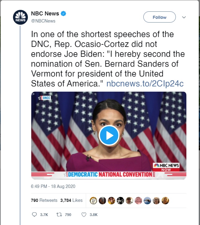 AOC Rips NBC News for Tweet on Endorsement at DNC Convention
